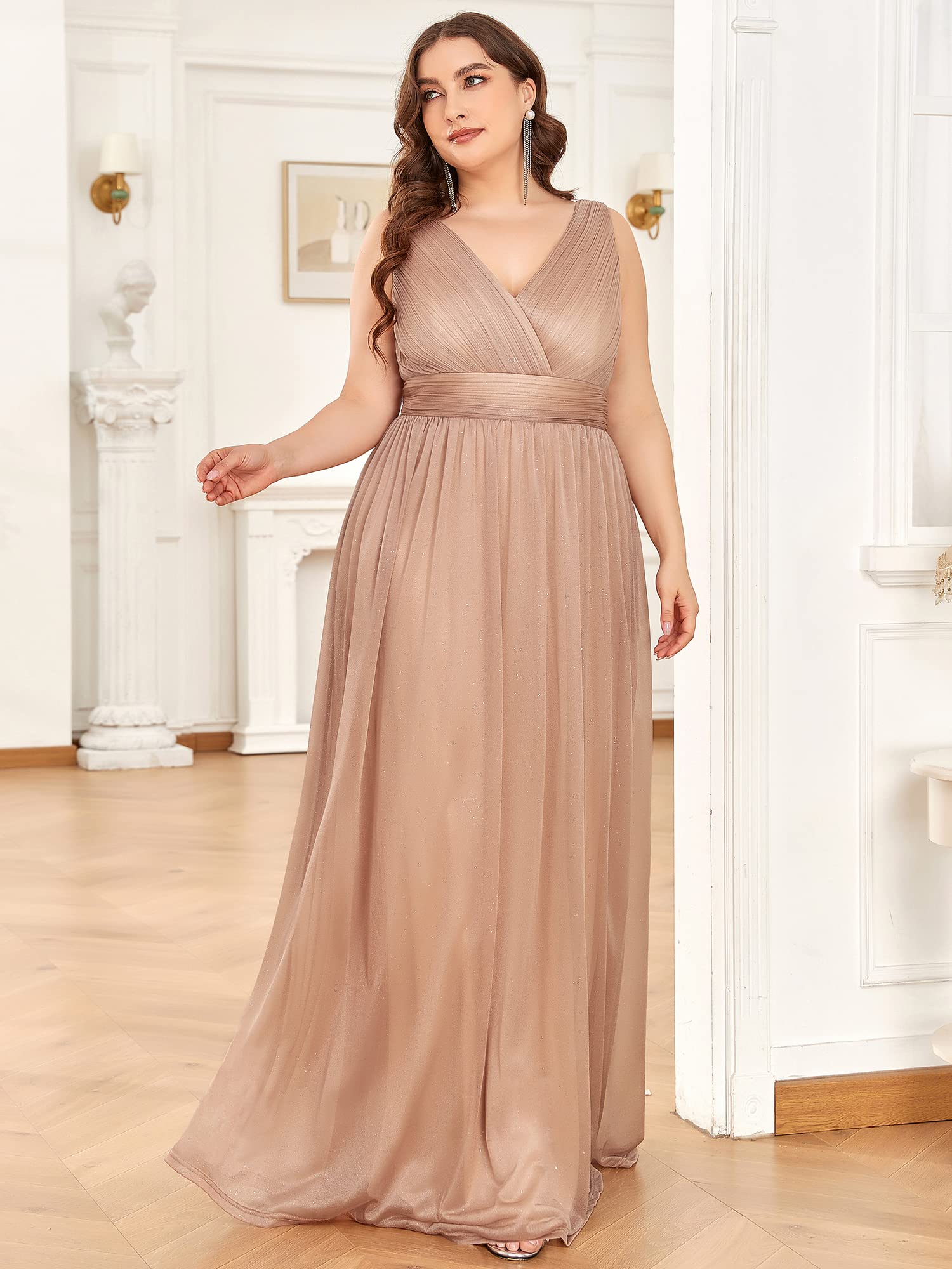 Ever-Pretty Womens Plus Size Ruched Bust Empire Waist Sparkle Stamping V-Neck Mother of The Bride Dress Gold US24