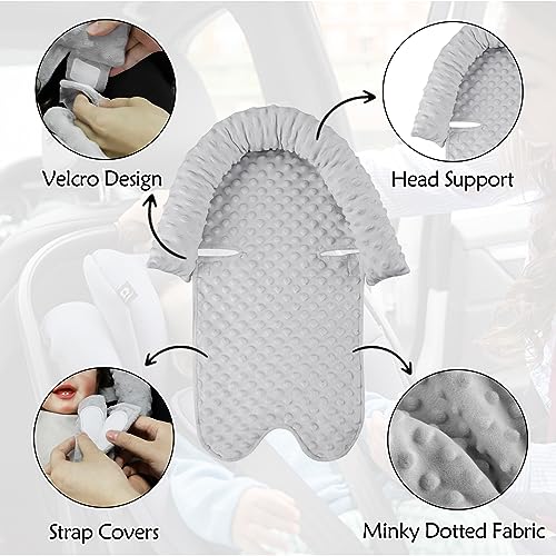 Jundetye Car Seat Head Support Infant, Baby Head Support with Strap Covers for Boys Girls, Infant Car Seat Insert, Soft Minky Carseat Headrest for Strollers, Grey