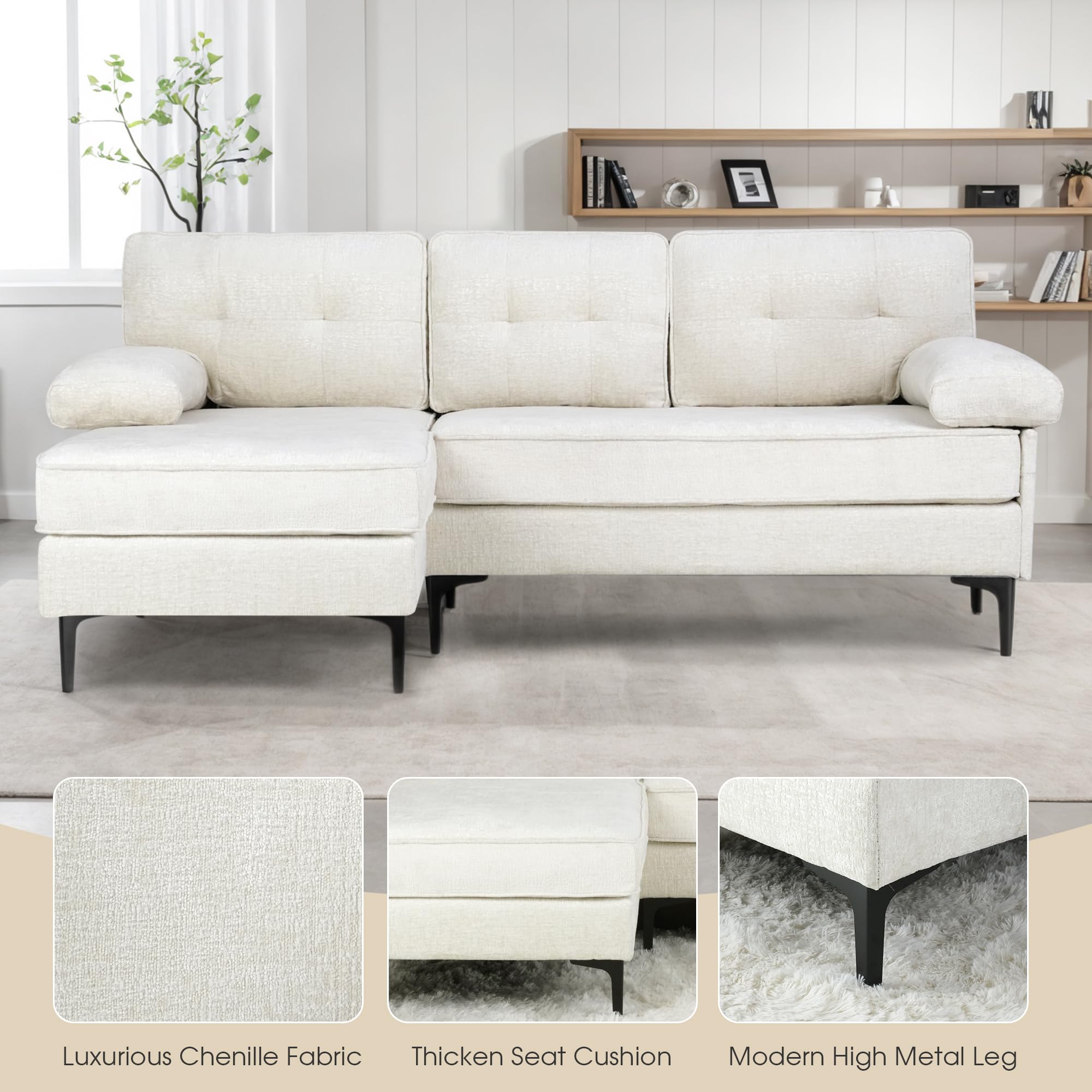 L Shaped Convertible Sectional Couch,82" Luxury Chenille 3-Seater Comfy Sofa With Reversible Chaise & Fluffy Armrests For Living Room Apartment Small Space Bedroom Office(Beige+Black legs,82")