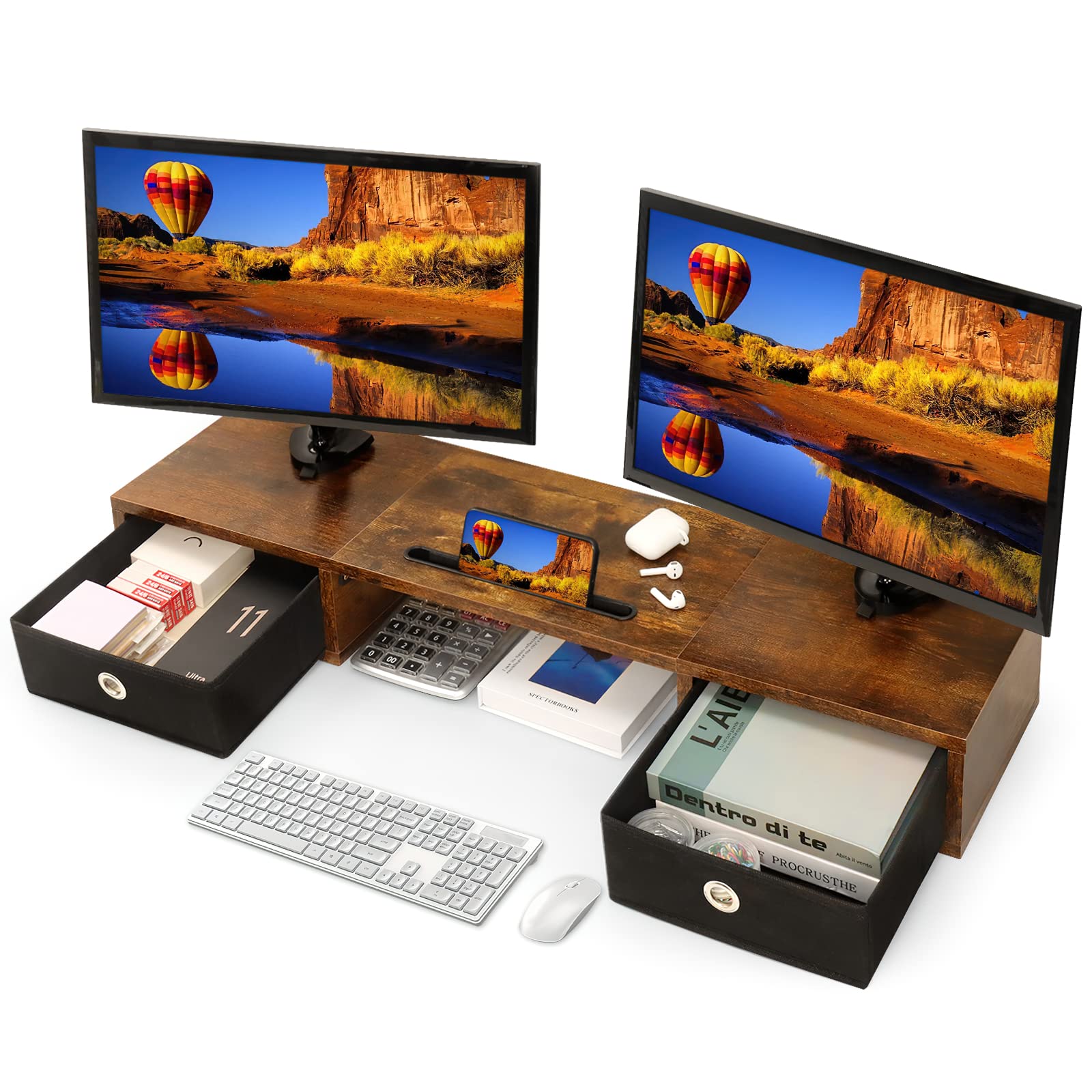 JMLHMXC Dual Monitor Stand with Two Drawers,Extra Large Storage Computer Monitors Stand for Office,Dual Monitor Riser for Printer,Laptop,Screen,TV