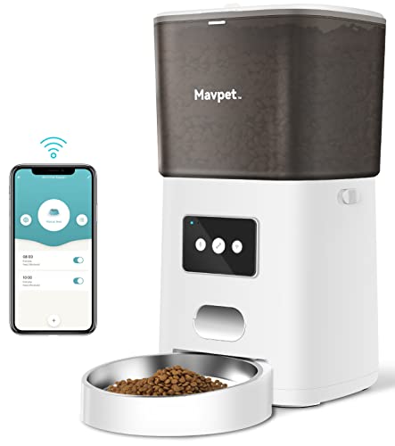 Mavpet 6L Automatic Cat Feeder, 2.4G WiFi Enabled Smart Dry Food Dispenser for Cat and Dog, Detachable Pet Feeder with Stainless Steel Bowl, APP Control, 10s Voice Recording, Up to 15 Meals Per Day