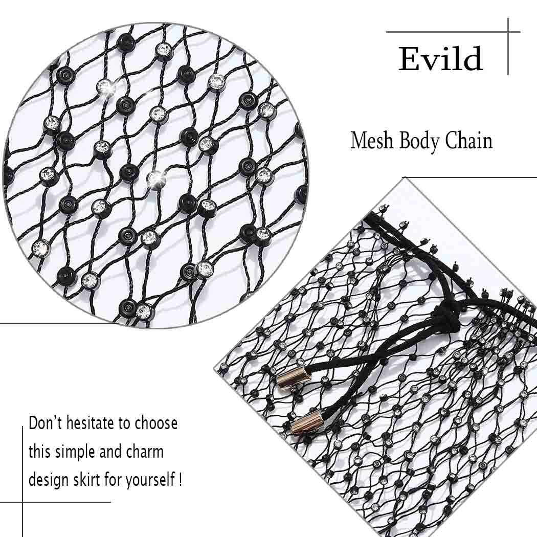 EVILD Women Mesh Rhinestone Body Chain Glitter Elastic Belly Skirt Sparkly Party Waist Chain Statement Belly Chain