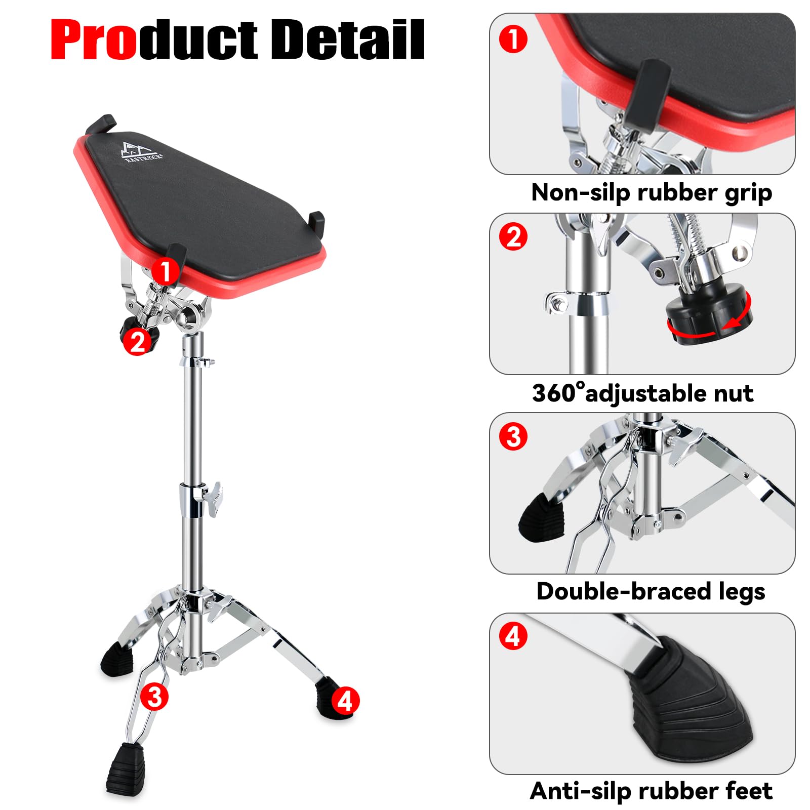 EASTROCK Practice Drum Pad With Stand, 11 Inches Double Sided Slient Silicone Drum Practice Pad, Silicone Dumb Drum with Drum Stand,Red+Black