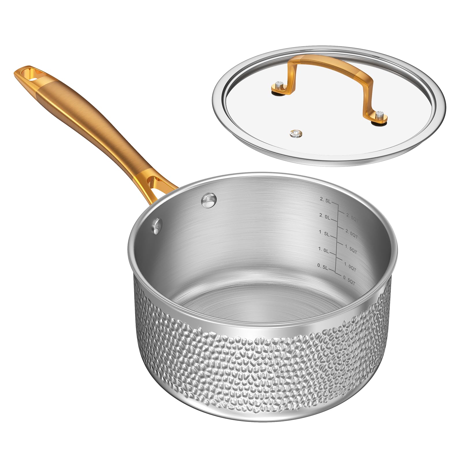 Homaz life 3-Quart Saucepan with Tempered Glass Lid, Tri-Ply Stainless Steel Cookware, Induction Ready, Compatible with All Cooktops, Dishwasher Safe, Non-Toxic, Gold-Colored Stay-Cool Handle