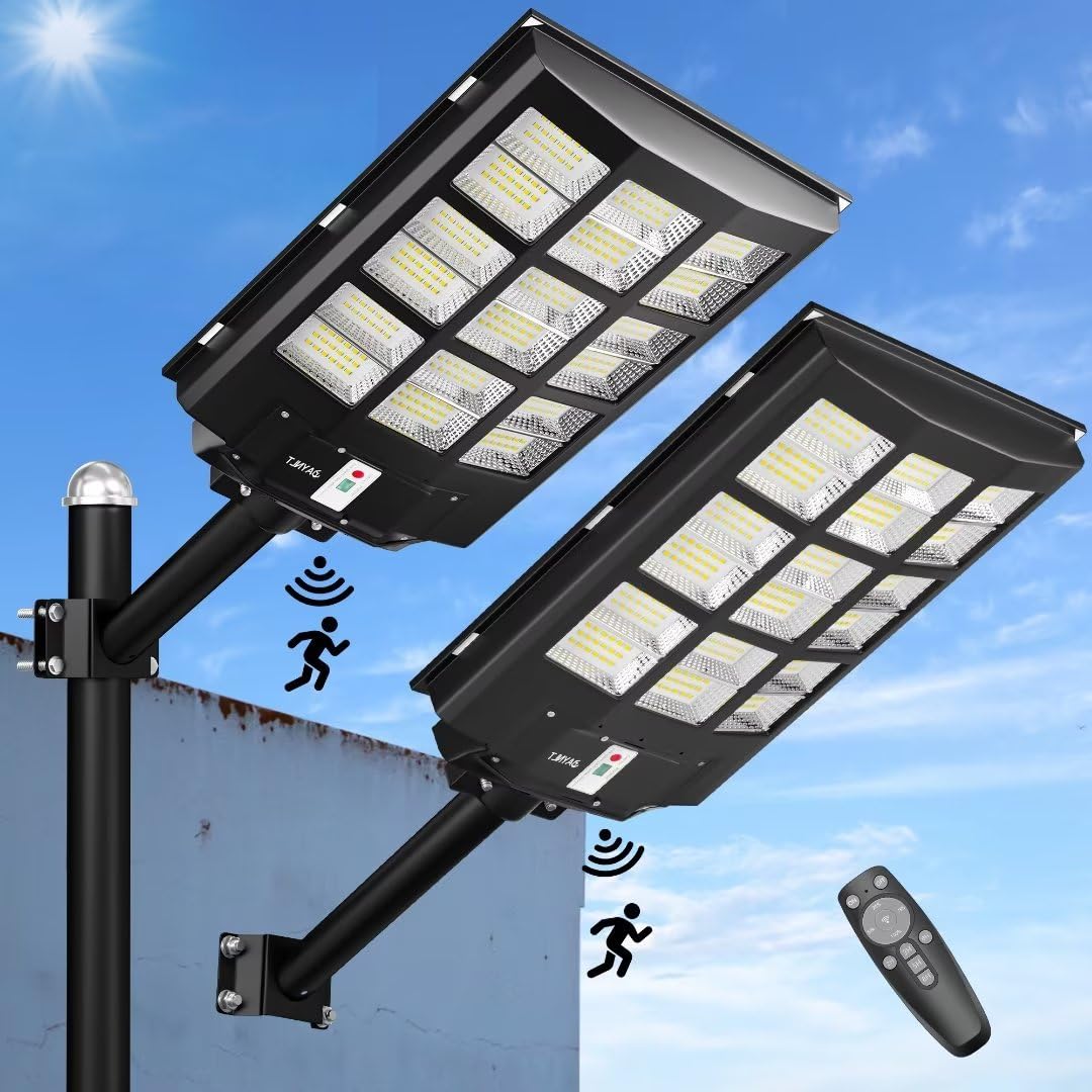 JAYNLT 2PACK 2000W Solar Street Lights Outdoor,200000LM 6500K Solar Parking Lots Lights Dusk to Dawn, IP67 Waterproof Solar Security Lights with Motion Sensor and Remote control for Yard, Path, Garage