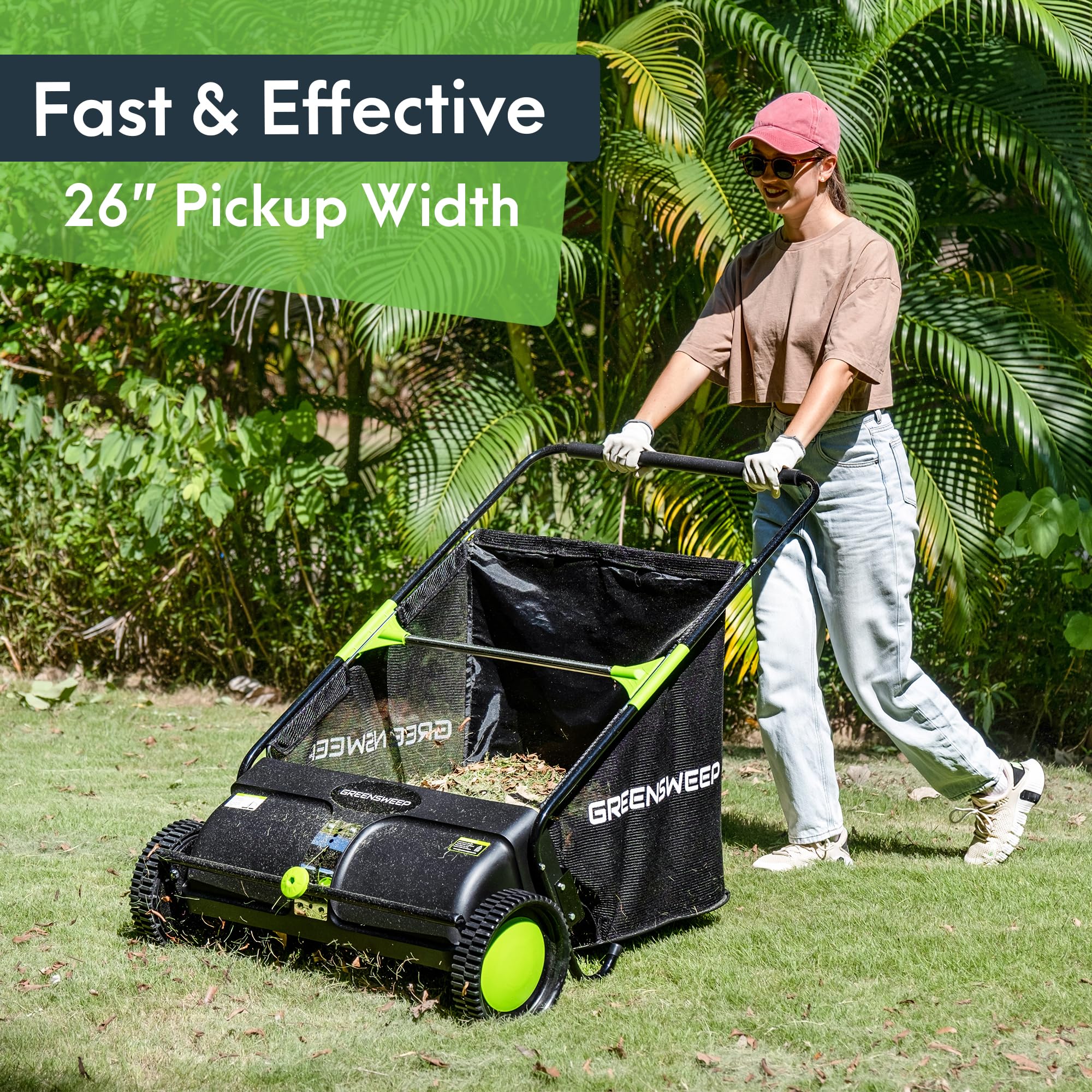 GreenSweep Pickup Pro Max Garden Sweeper, Manual Leaf & Grass Push Lawn Sweeper