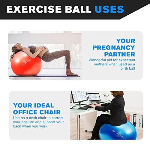 DYNAPRO - Exercise Ball, Extra Thick Anti-Burst Material, Heavy Duty Yoga Ball for Workout, Pregnancy and Physical Therapy, Hand Pump and Exercise Resource Included, Black