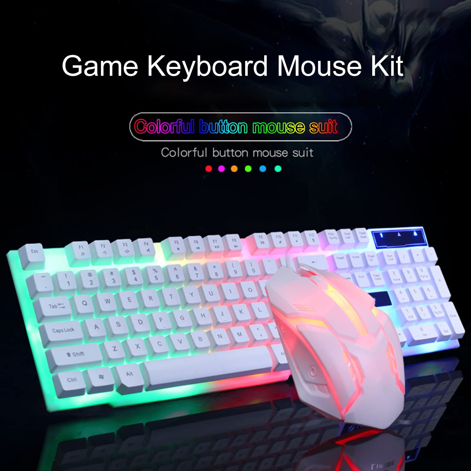 GIFZES Gaming Keyboard Mouse Kit, TX30 Keyboard Mouse Kit Ergonomic Quick Response 3D Anti-Slip Roller Colorful Backlight Ultra-Thin Computer USB Wired Game Keyboard Mouse Combo for Home White