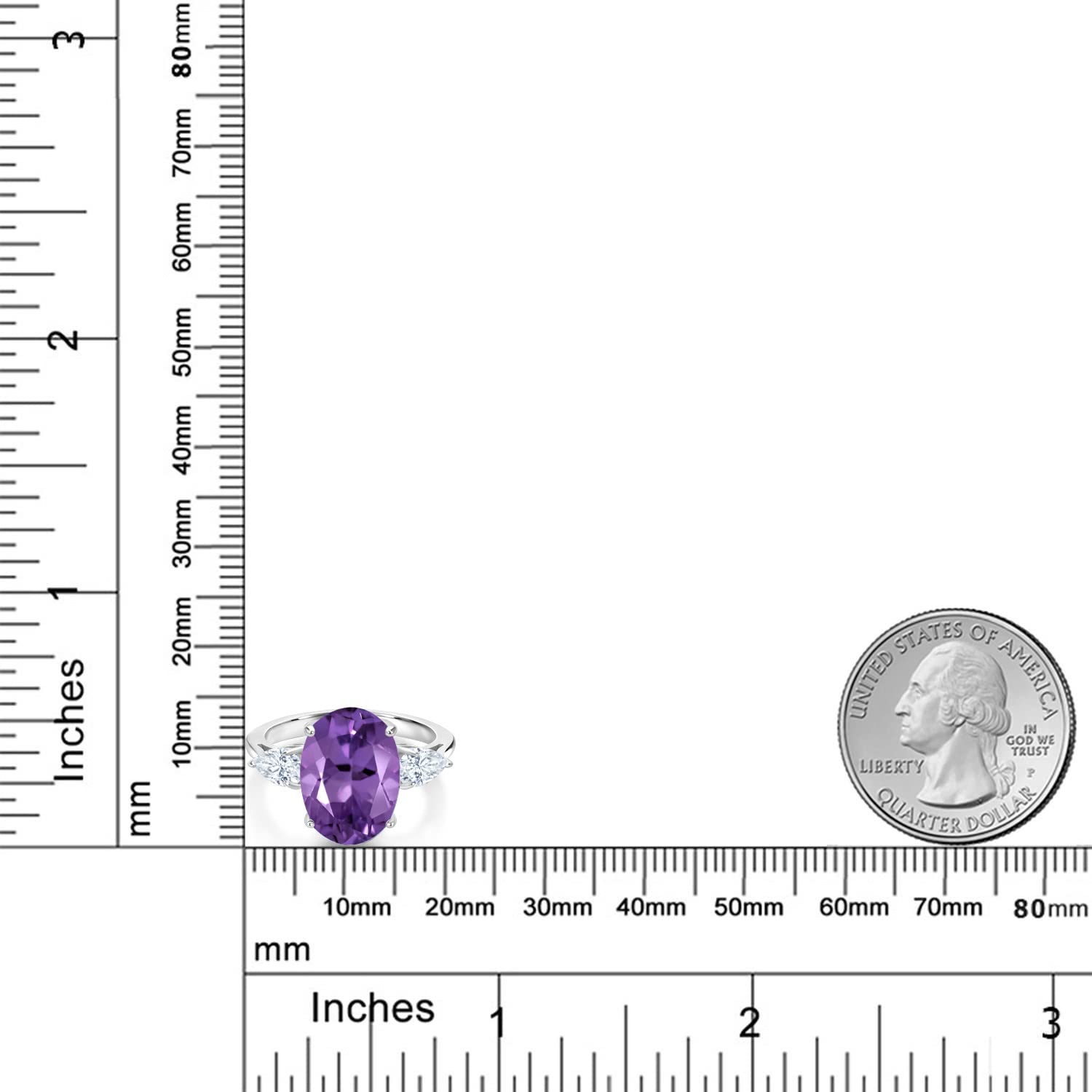 Gem Stone King 7.80 Cttw 925 Sterling Silver Oval Purple Amethyst and White Moissanite 3-Stone Ring For Women | Gemstone Birthstone | Available In Size 5, 6, 7, 8, 9