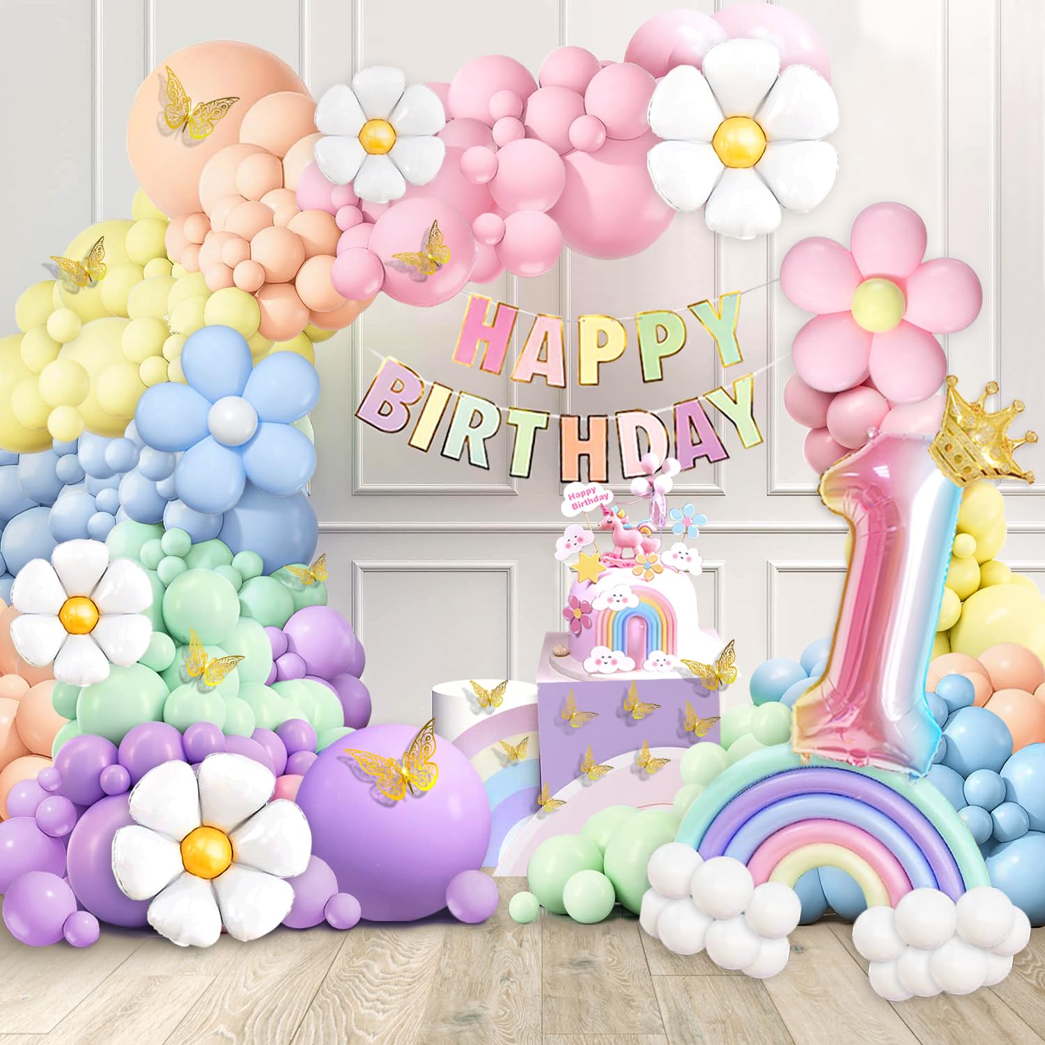 Slmeno Pastel Balloons 219Pcs Pastel Balloon Garland Kit Different Sizes 18 10 5 Inch Pastel Rainbow Balloons Daisy Balloons, First Birthday Decorations for Girl Baby Shower Party Balloons Arch Kit