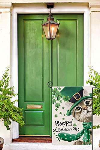 Happy St Patricks Day Garden Flag for Outdoor,Cat with Green Hat Scarf Shamrock Small Yard Flag,Spring Saint Patrick Decors for Outside Farmhouse Holiday 12x18 Double Sided