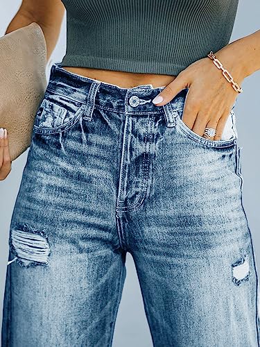 PLNOTME Women's High Waisted Boyfriend Jeans Baggy Wide Leg Ripped Casual Distressed Denim Pants Blue