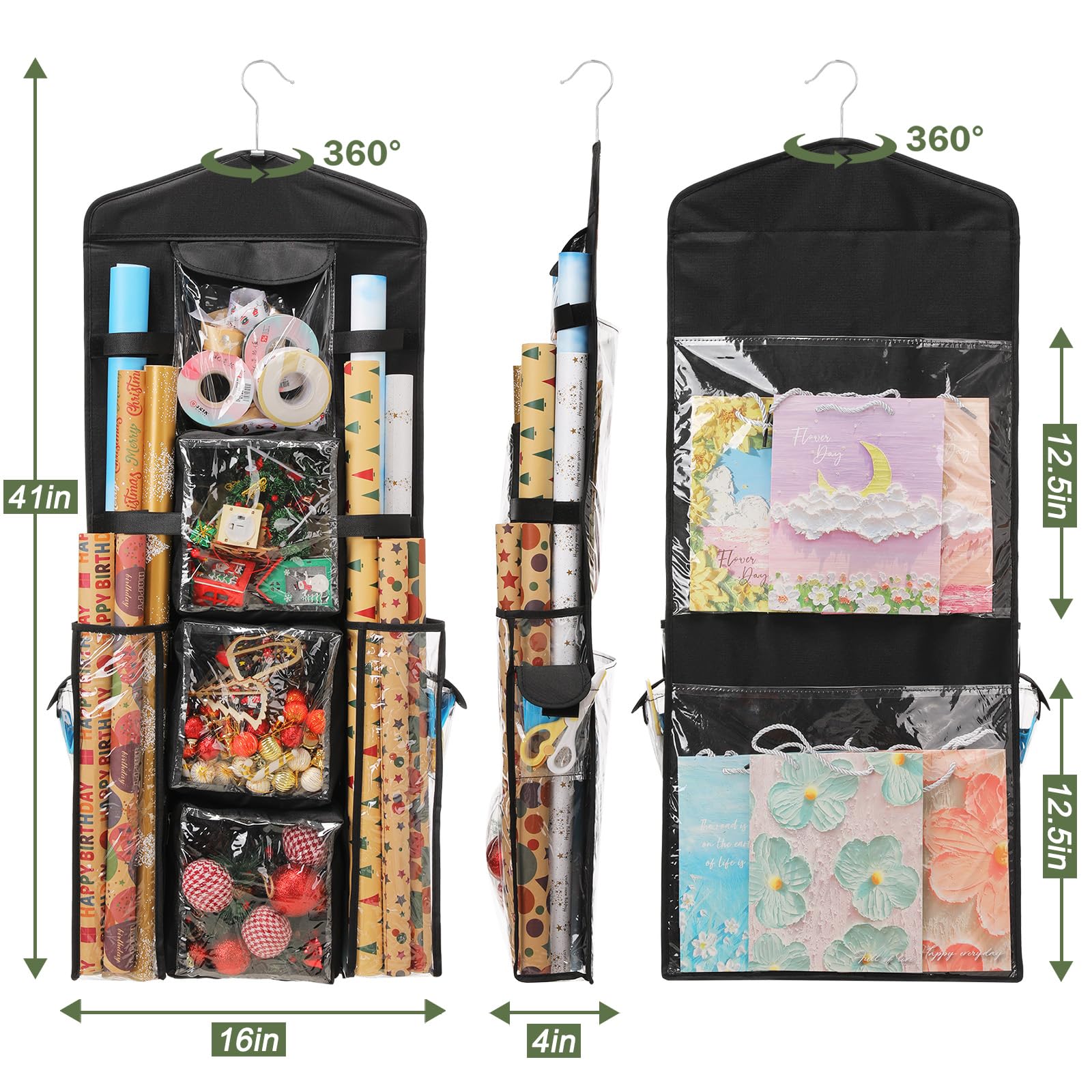 EXLIFBAG Wrapping Paper Storage, Gift Wrap Organizer Holder Double-Sided Hanging Gift Bag Storage Organizer, Black