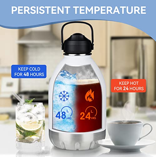 Kerilyn 87oz Vacuum Insulated Jug, 2/3 Gallon Stainless Steel Water Bottle with Straw, 2 Lids, Leak-Proof and Sweat-Proof, Double Walled, Keeps Drinks Hot&Cold for Hours, Great for Travel, White