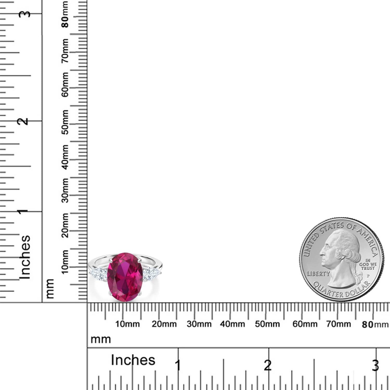 Gem Stone King 925 Sterling Silver Oval Red Created Ruby and White Moissanite 3 Stone Women Ring (3.80 Cttw, 14X10MM Oval and 6X4MM Pear Shape, Available In Size 5, 6, 7, 8, 9)