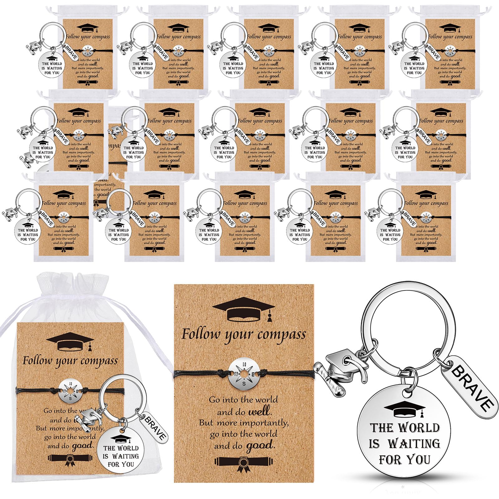 Junkin 20 Pack Graduation Bracelet Gift for Her Him Graduation Keychain Class of 2024 Student Compass Bracelet College School