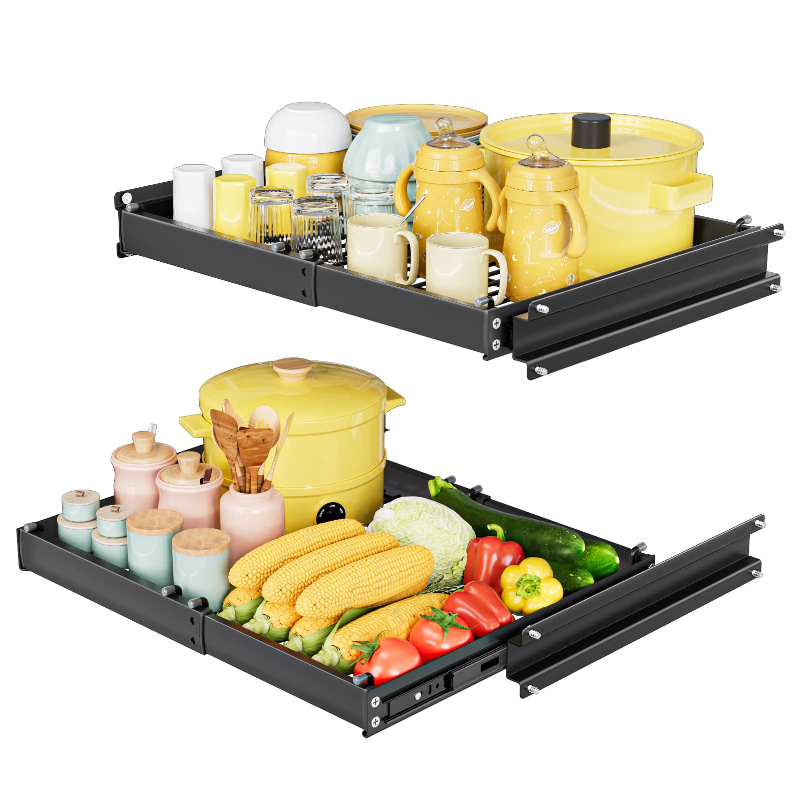 Expandable 2 Pack Pull Out Cabinet Drawer Organizer, Steel Metal Pull Out Storage Shelf Drawer Basket, Sliding Pantry Shelves - Roll Out Shelf Storage for Pots, Pans, Black