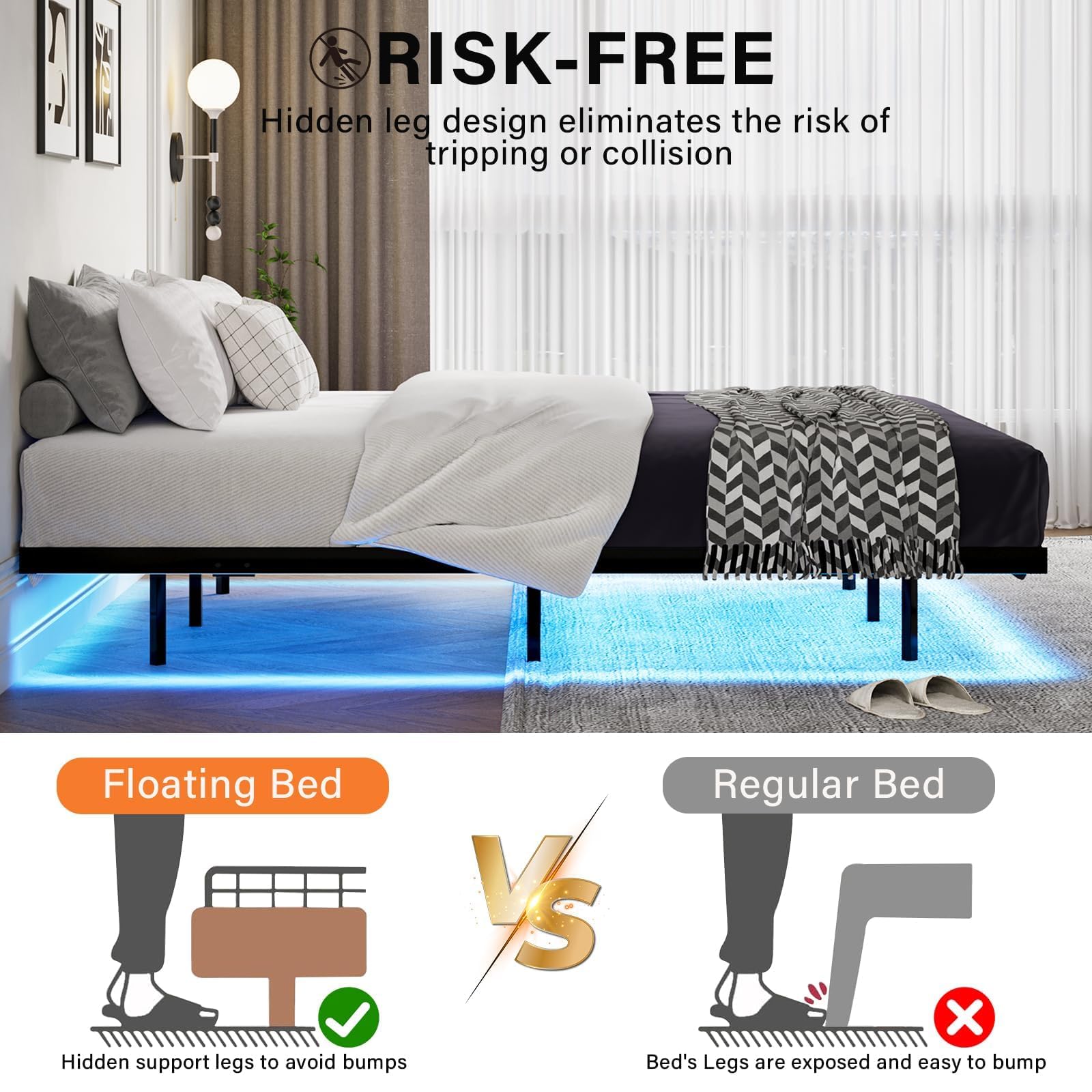 HOMBCK Floating Bed Frame Queen Size with LED Lights, Metal Platform Queen Bed with Heavy Duty Steel Slats, Large Under Bed Storage, No Box Spring Needed, Easy to Assemble, Black