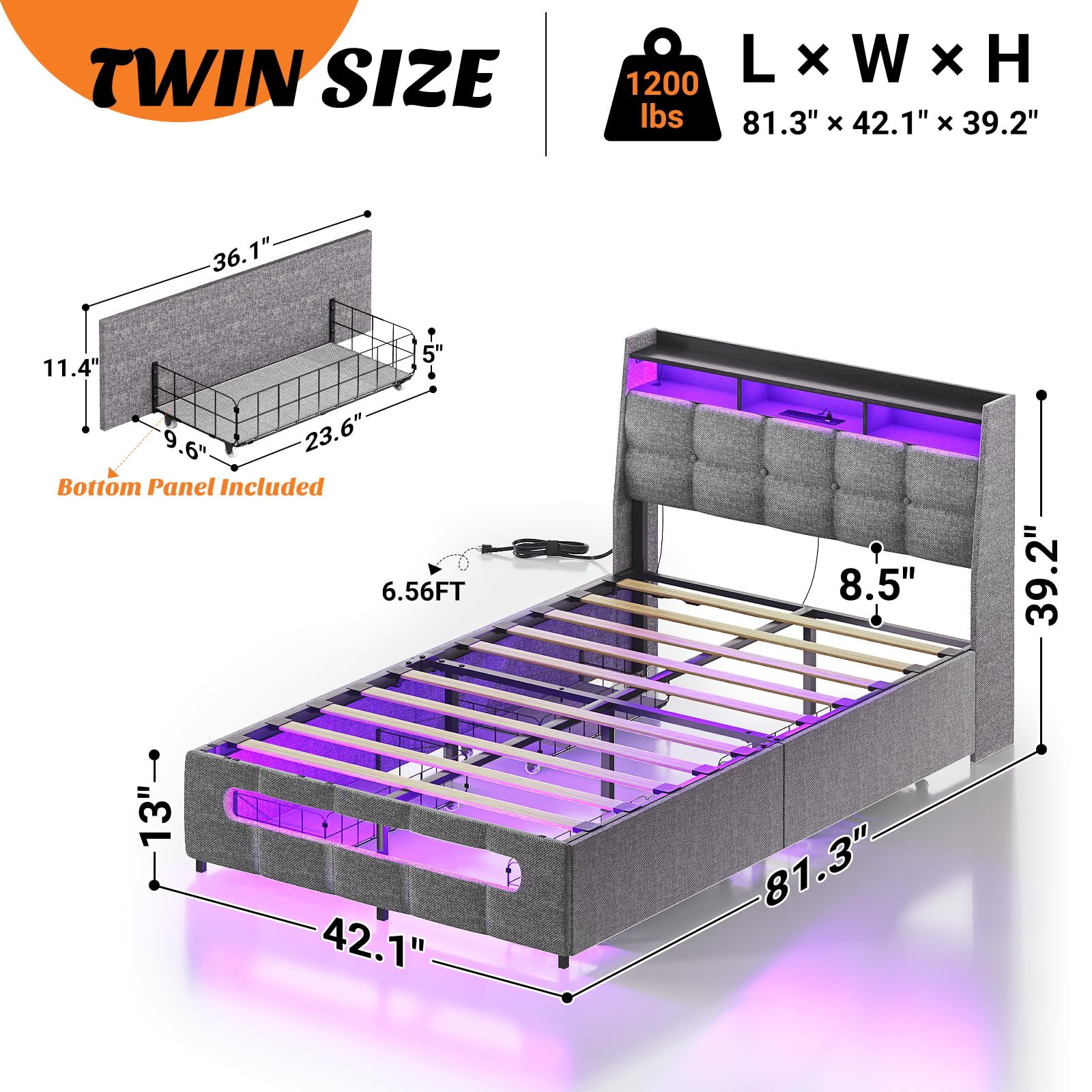 Homieasy Twin Size Bed Frame with Drawers Charging Station LED Light, Upholstered Twin Bed Frame with Storage Headboard, Heavy Duty Wood Slats, No Box Spring Needed, Noise Free, Grey