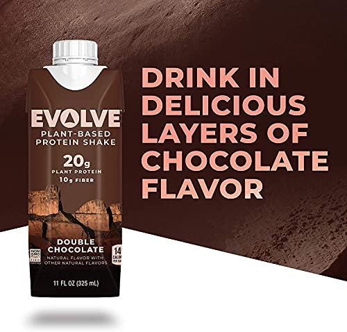 Evolve Plant Based Protein Shake, Double Chocolate, 20g Vegan Protein, Dairy Free, No Artificial Sweeteners, Non-GMO, 10g Fiber, 11oz, (4 Pack)