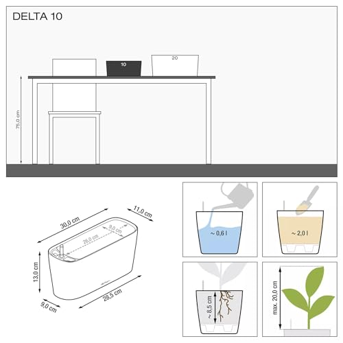 Lechuza 15460 Delta 10 Indoor and Outdoor Use, 12" x 4" x 5", Self Watering Planter, 30cm, White High Gloss