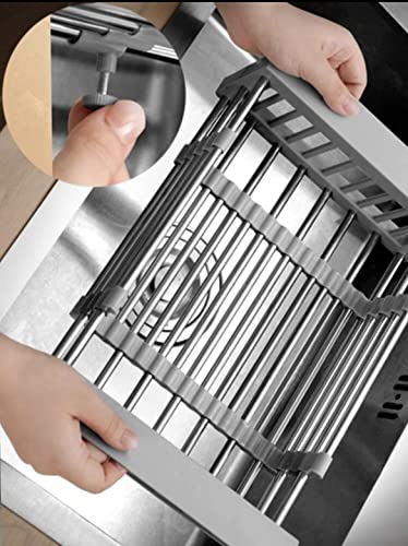 Expandable Kitchen Sink Dish Drainer,Retractable Kitchen Sink Organizer,Stainless Steel Dish Rack Home Foldable Multifunction Expandable Hanging Drainer Drying with Board Divider Drain Adjustable