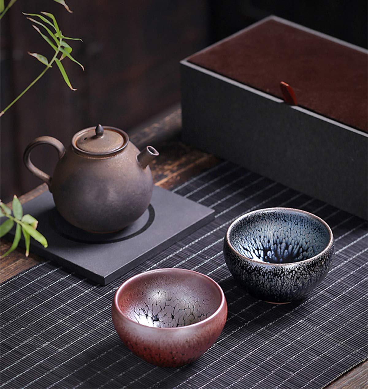 HAPPYDOG JianZhan Tenmoku Tea Coffee Cup Bowl Chinese Crafts Mug Designer Collection Ceremony Ancient Style Handmade (Mixed 2 colors gift box)