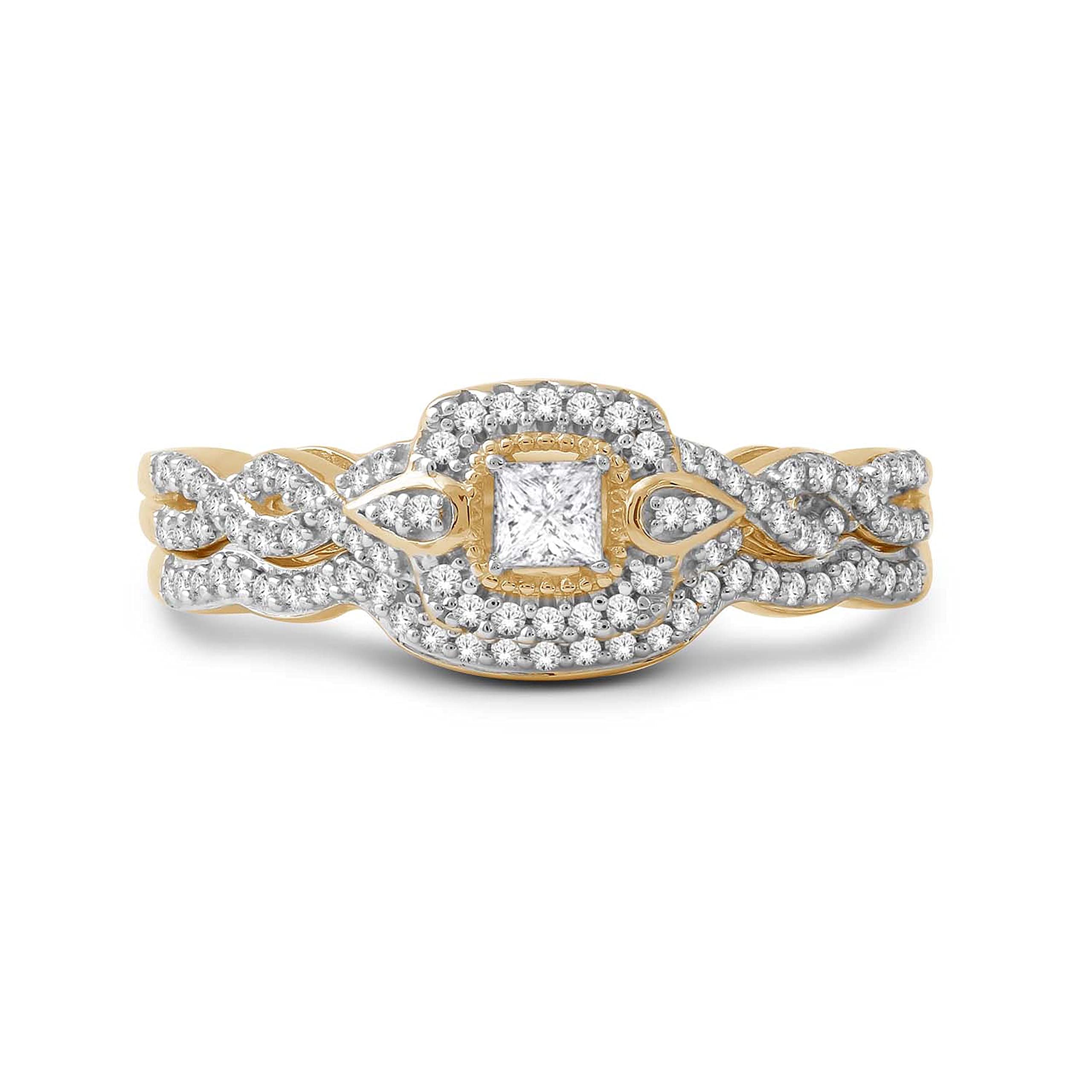 DZON 10k Yellow Gold 1/3CT TDW Diamond Halo Princess-Cut Engagement Ring Set Love Gift for Women (I-J,I2)