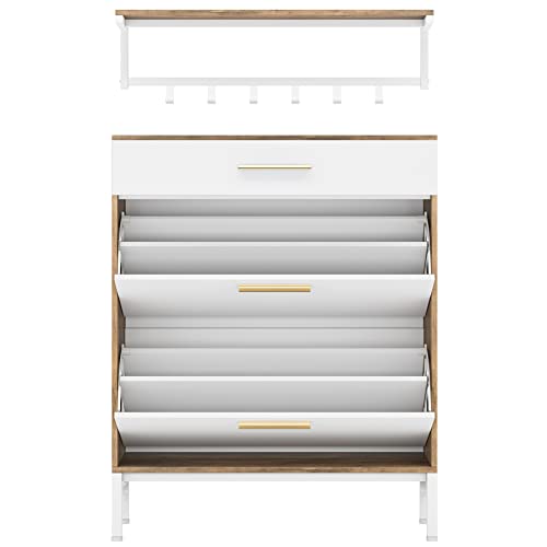 Tribesigns Shoe Cabinet 16 Pairs, Modern Slim 3 Flip Drawers Shoes Rack Storage Organizer with Coat Shelf, White Sneaker Holder Stand with Doors Thin Tipping Shoe Storage Cabinet for Entryway, Hallway