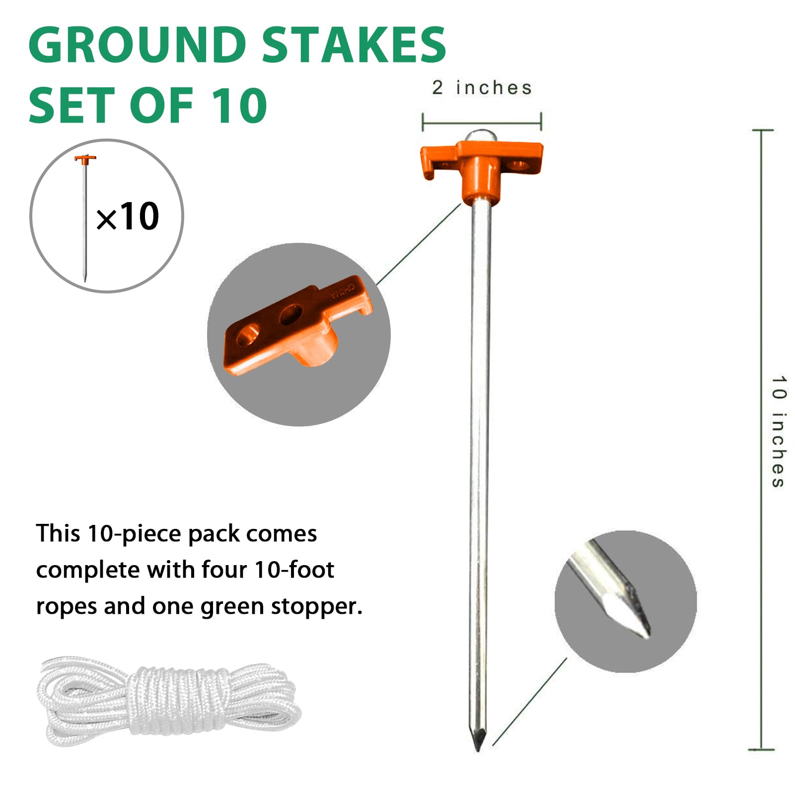 Eurmax USA Galvanized Non-Rust Camping Family Tent Pop Up Tent Stakes Canopy Anchors Heavy Duty 10pc-Pack, with 4x10ft Ropes & 1 Orange Stopper