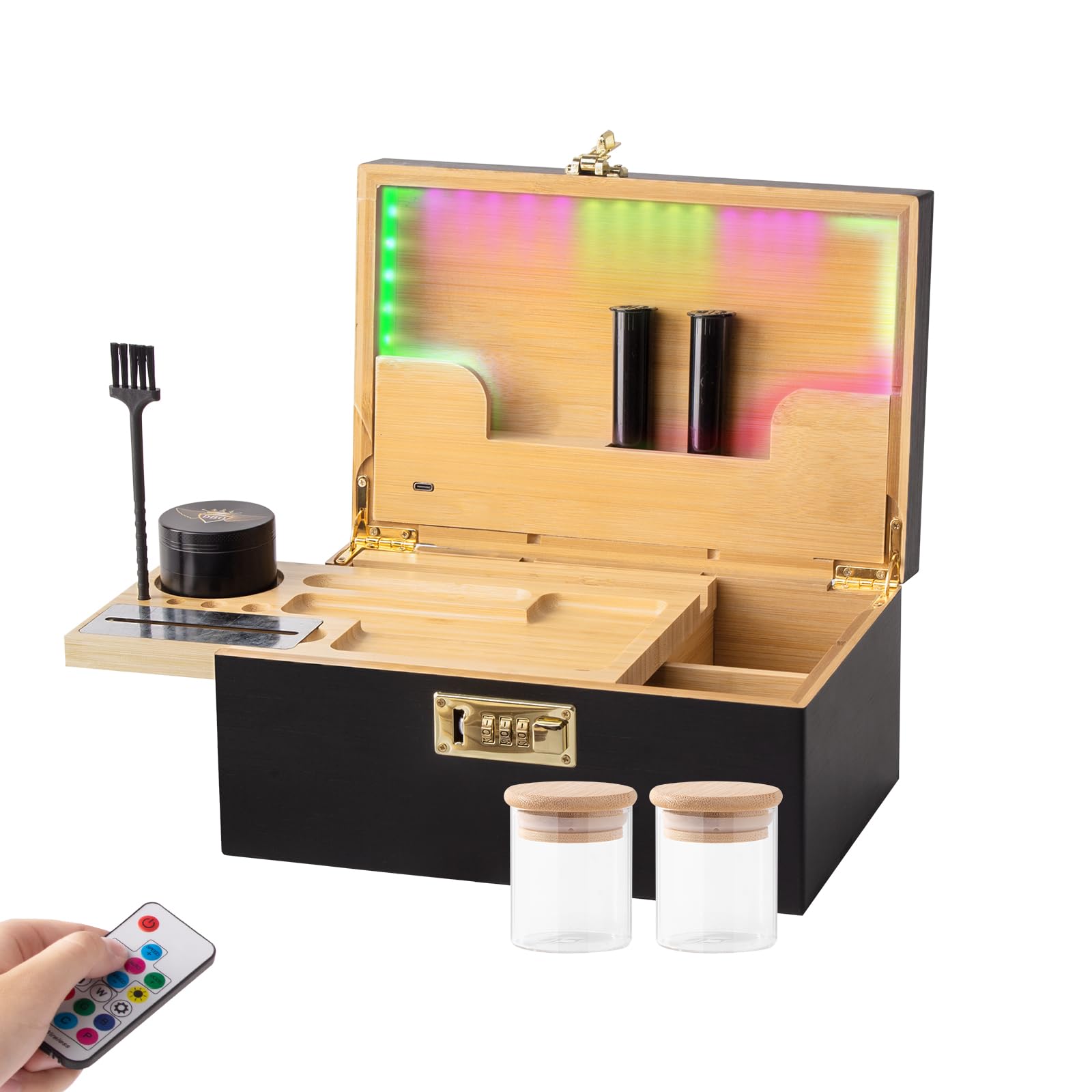 IEVEY Stash Box with Rolling Tray & Neon, Smell Proof Large Bamboo Storage Box with Lock, Decorative Box Set Includes Glass Jars & Grinder & Brush, Great Gift for Men Women(Black)