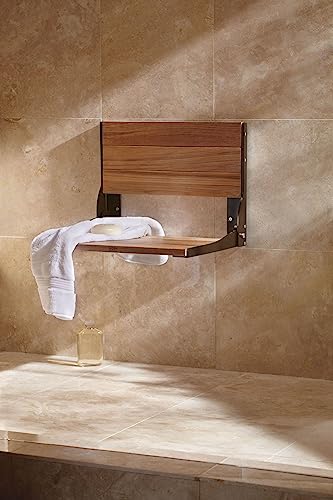 Moen Home Care Wall Mounted Old World Bronze Teak Wood Aluminum Folding Shower Seat, Wall Mounted Shower Chair, DN7110OWB