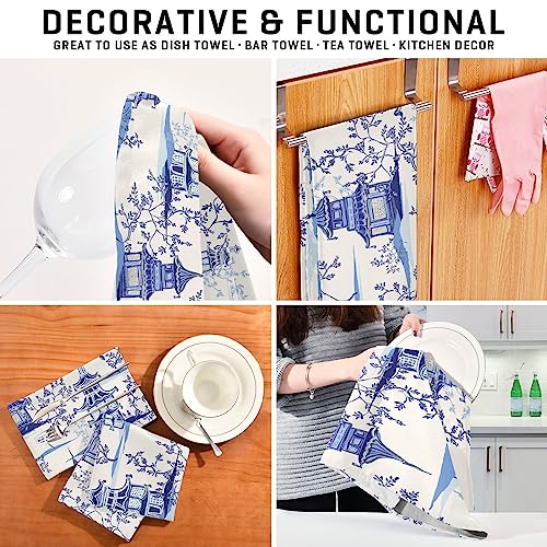 pnyoin Vintage Ink Pagodas Chinoiserie Style Kitchen Dish Towels with Hanging Loop Dishcloths Dish Rags Bar & Tea Towels Highly Absorbent Set of 4 for Cooking Drying Cleaning 18x28in