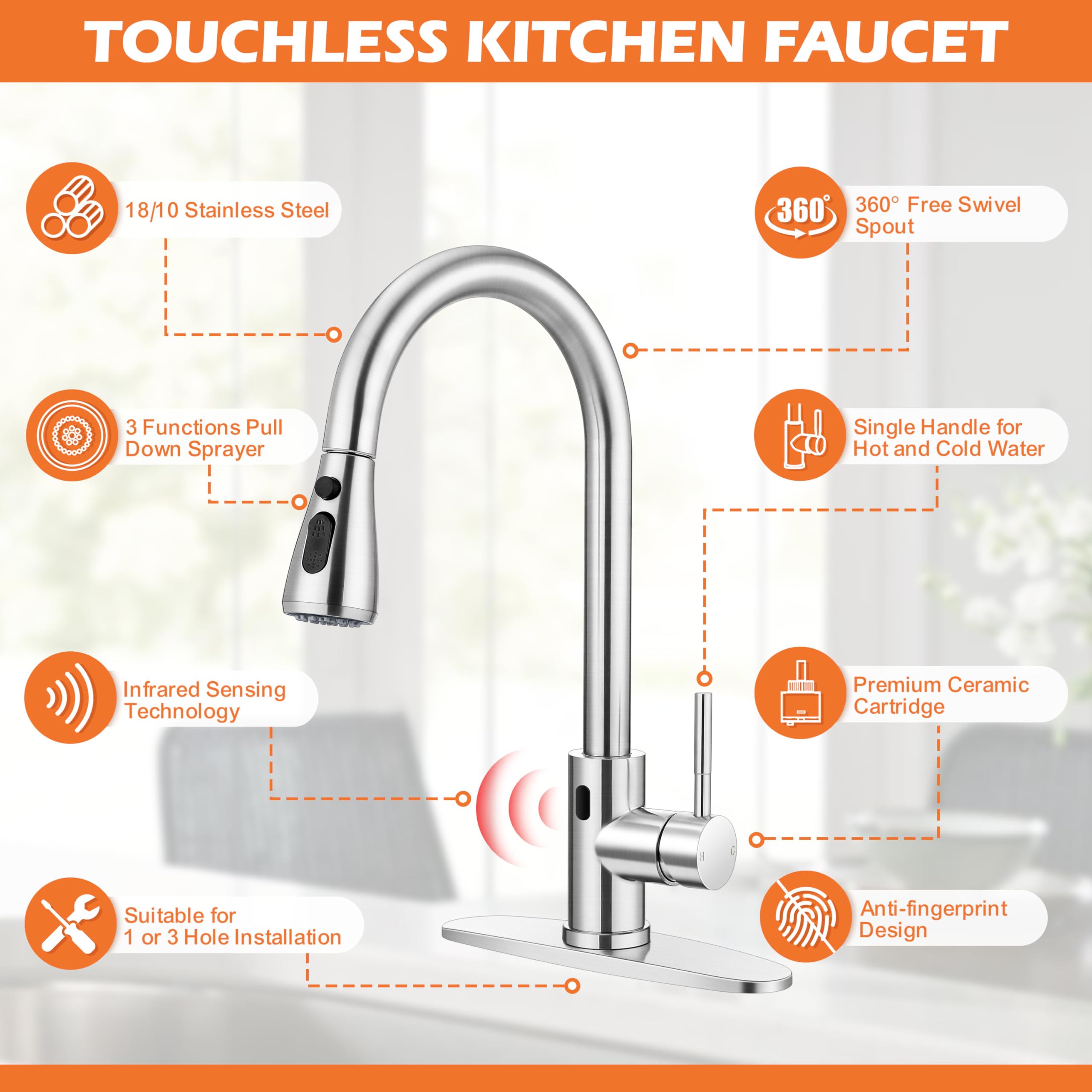 Homikit Touchless Kitchen Faucets with Pull Down Sprayer & Soap Dispenser, Automatic Motion Sensor Smart Faucet for Kitchen Sink, Brushed Nickel Single Handle Stainless Steel Faucet for Farmhouse RV