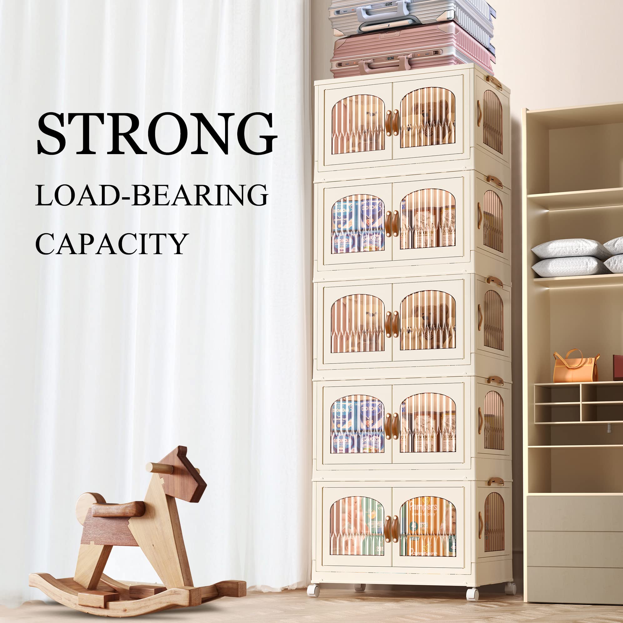EHAMILY Stackable Storage Bins with 1 Lid Set 5 Tier,8.4 Gal Clear Plastic Folding Storage Box with Wheel and Door,Large Foldable Cabinet Collapsible Bin for Closet Organizer,Clothes,White