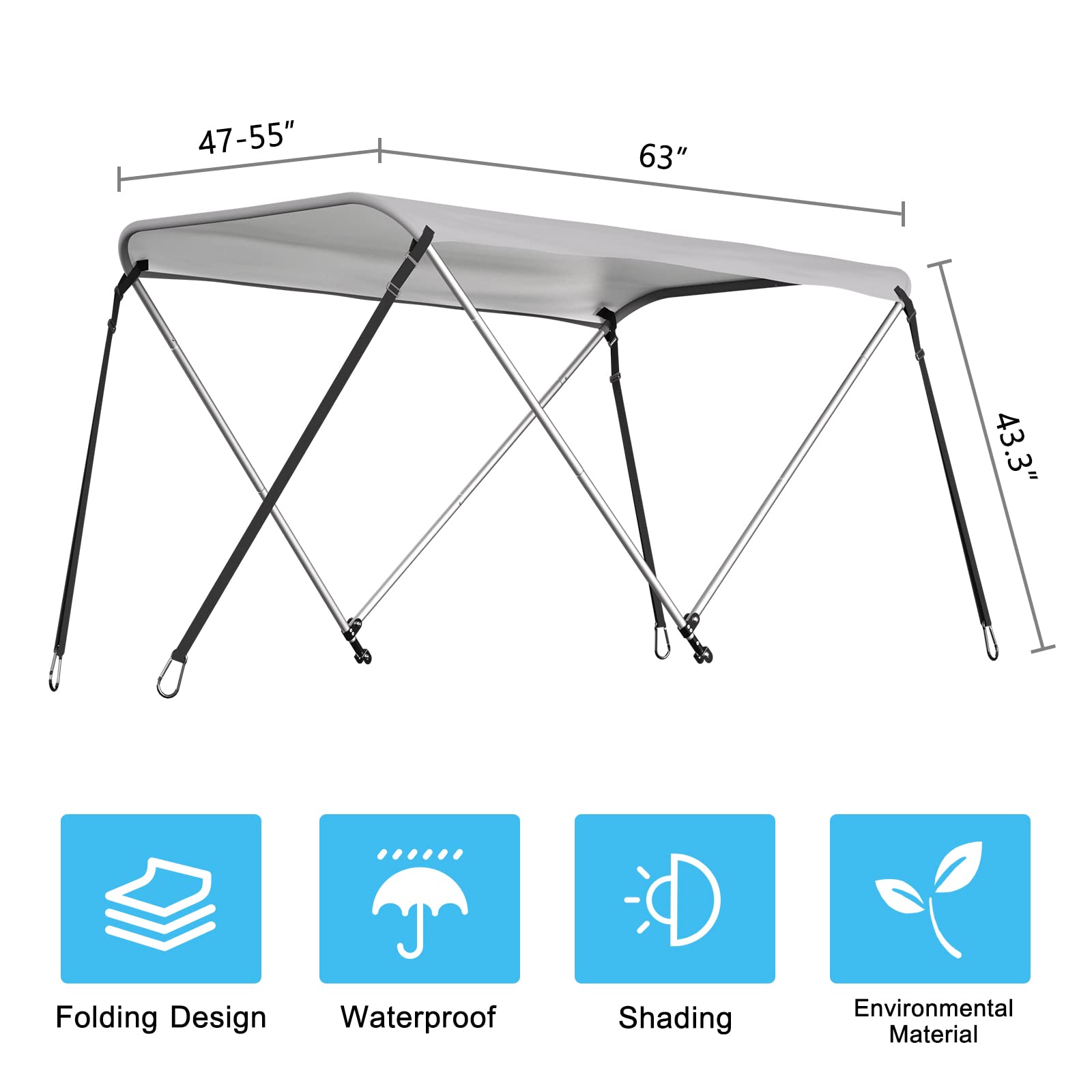 DoCred Foldable Bimini Top Boat Cover Canopy Cover 2Bow Bimini Top(63" L 39ββ-55ββ W 43.3" H) Suitable for Boats of 3.2-4.5 FT