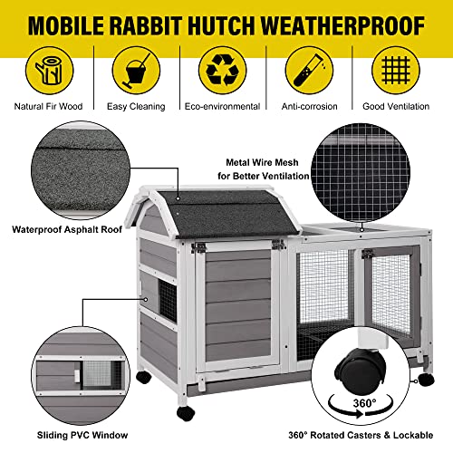 Ketive Rabbit Hutch Indoor- Rabbit cage Outdoor Bunny Hutch Outdoor Bunny Cage Fir Wooden Rabbit cage on 4 Lockabl Wheels Guinea Pig Cages with Ramp Small Animals Hideout Deep No Leak Pull Out Tray
