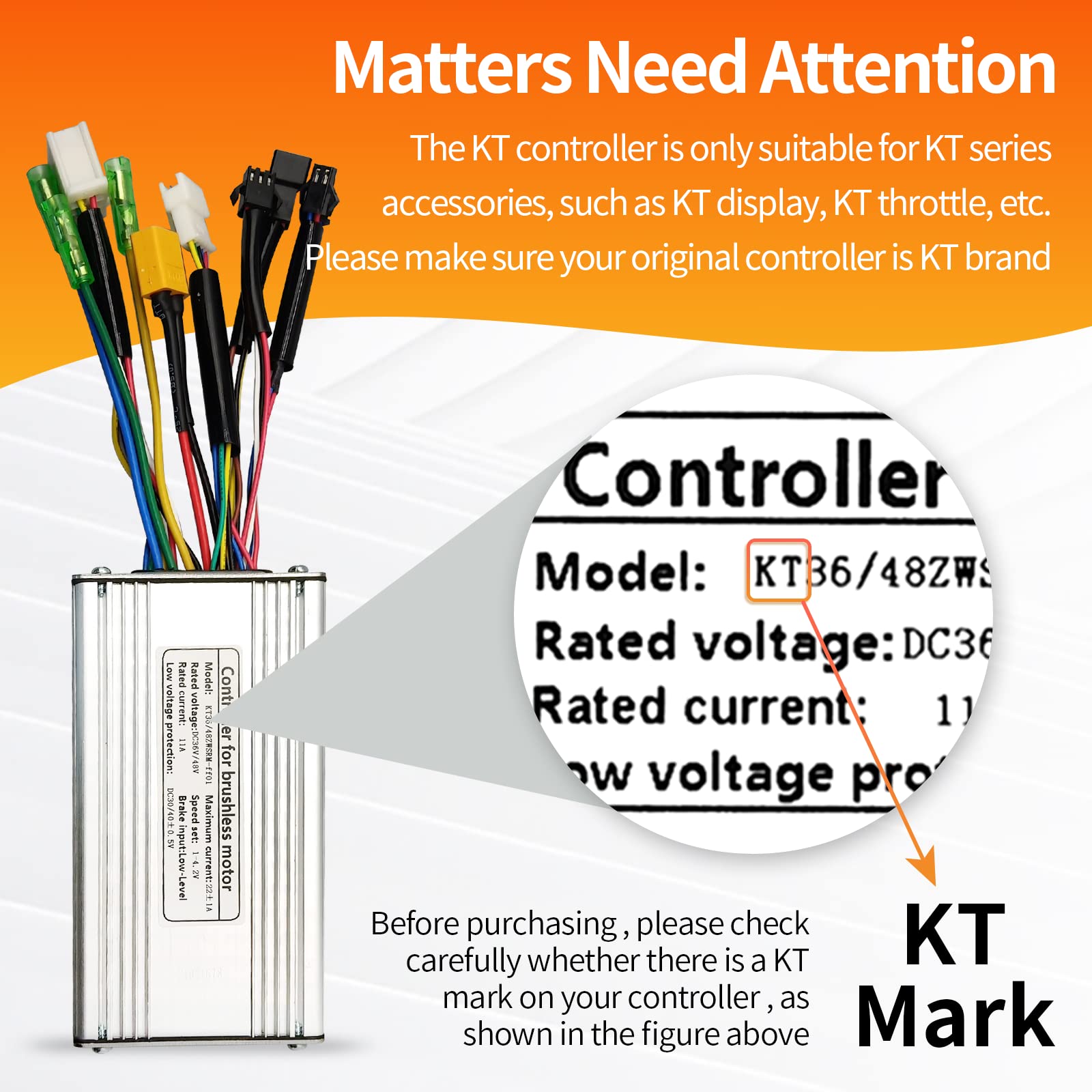 Ebike 36V/48V 500W Controller KUNTENG(KT) 22A Brushless Motor Controller for Electric Bike Kit Compatible with KT LCD3 LCD4 LCD5 LCD7 Display (22A XT60 Motor Waterproof Plug)