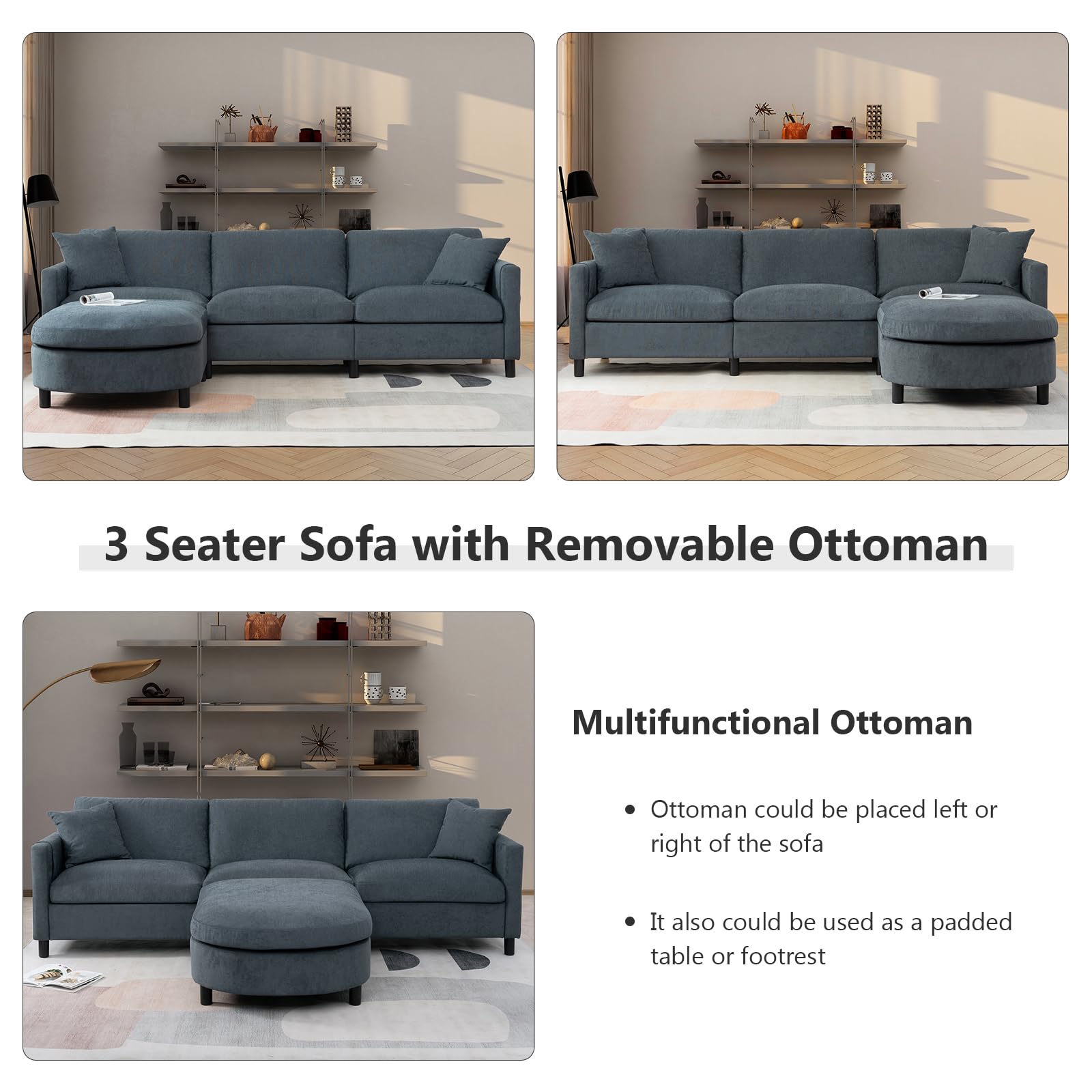 Hommoo L Shaped Sofa Sectional Couch for Home Living Room 3 Seat Couch with Removable Ottoman Comfy Linen Fabric Small Modern Couch for Apartment with Pillow 107β Grey