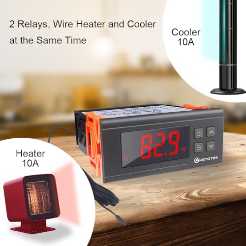 KETOTEK Digital Temperature Controller AC110V 10A Fahrenheit Thermostat with 2m Waterproof Sensor 2 Relays Heating Cooling Incubator