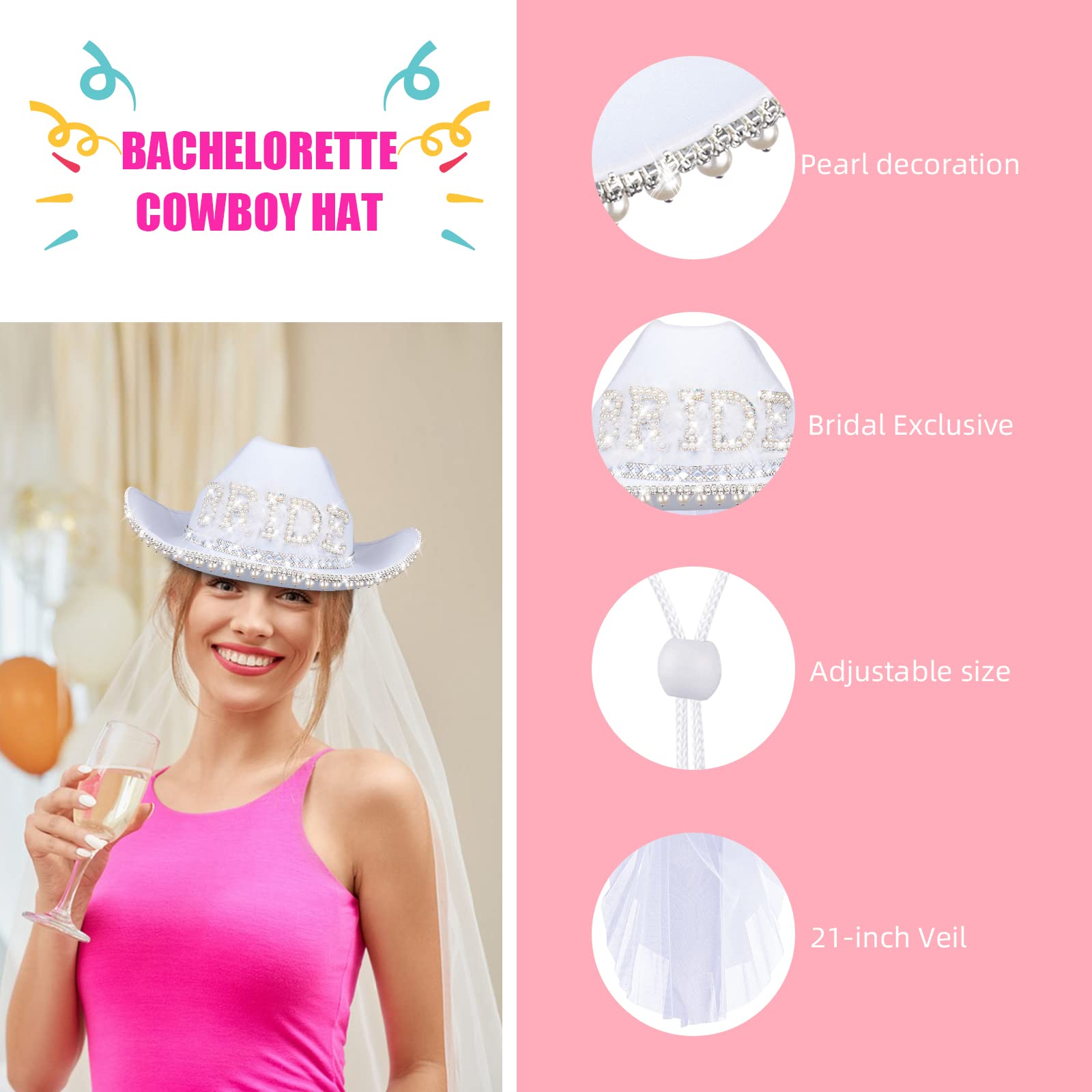 JUSTOTRY Cowgirl Hat With Veil - Bride To Be Bachelorette Party Favor