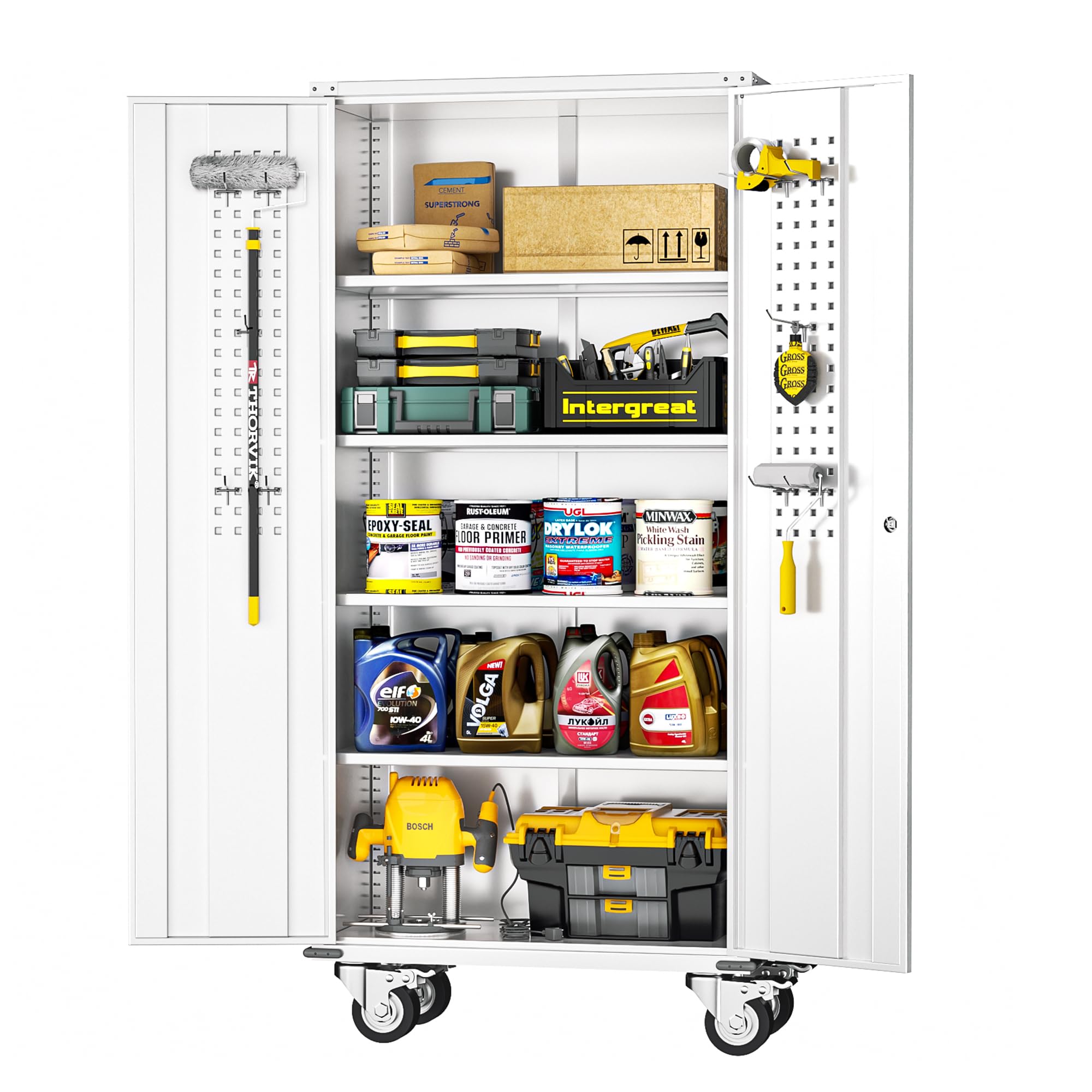 INTERGREAT 72" Metal Garage Storage Cabinet with Wheels, White Steel Locking Cabinet with 2 Adjustable Shelves and Doors, Rolling Metal Tool Cabinet for Home, Office, School, Garage