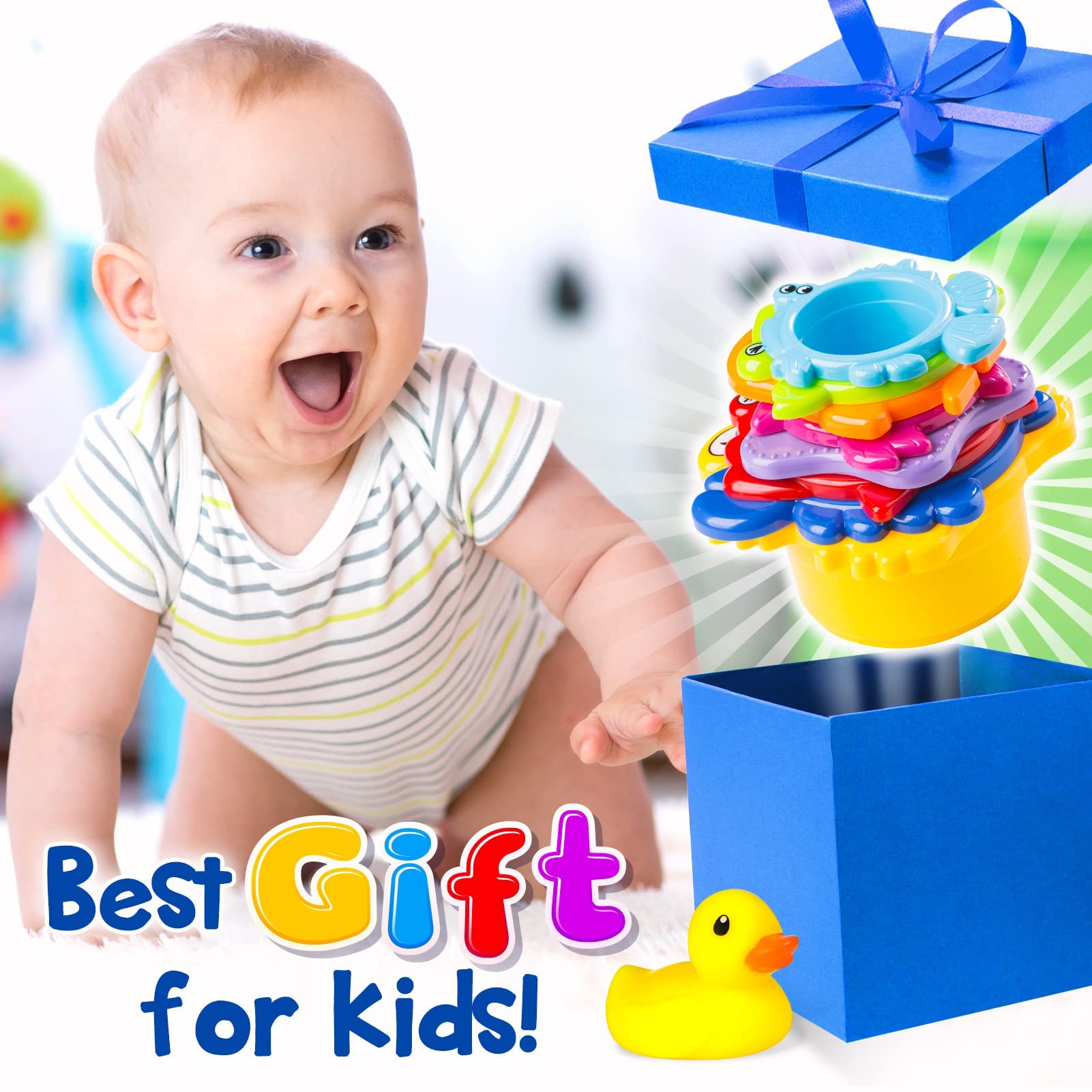 Stacking Cups Bath Toys for Toddlers, Rainbow Bath Cups for Baby 1-3 Years Old, Safe Infant Nesting Cups with Rubber Duckie for Fun Bath Time, Birthday Stocking Stuffers Early Learning Educational Toy