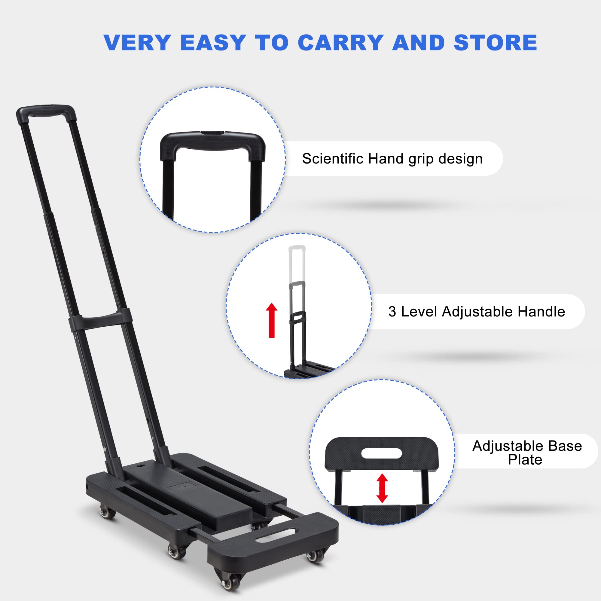 Outspurge Folding Hand Truck Dolly 600LB ,Portable Dolly for Heavy Duty Moving Luggage Carts with 6 Wheels Dolly with Handle 2 Elastic Rope for Travel, Moving, Shopping,Office Use