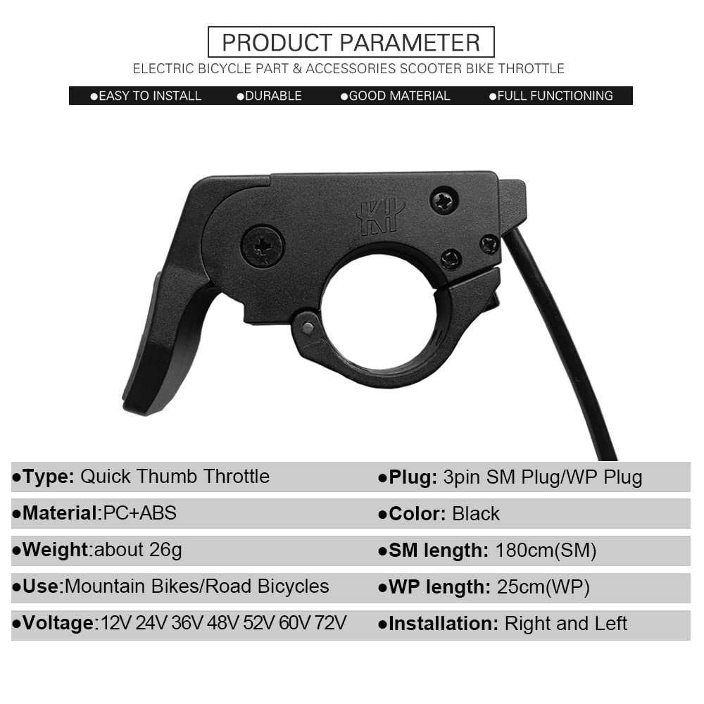 Ebike Quick Thumb Throttle Compatible Left/Right TT09/TT009 SM 36V/48V/60V/72V Electric Throttle for E-Bike Accessories