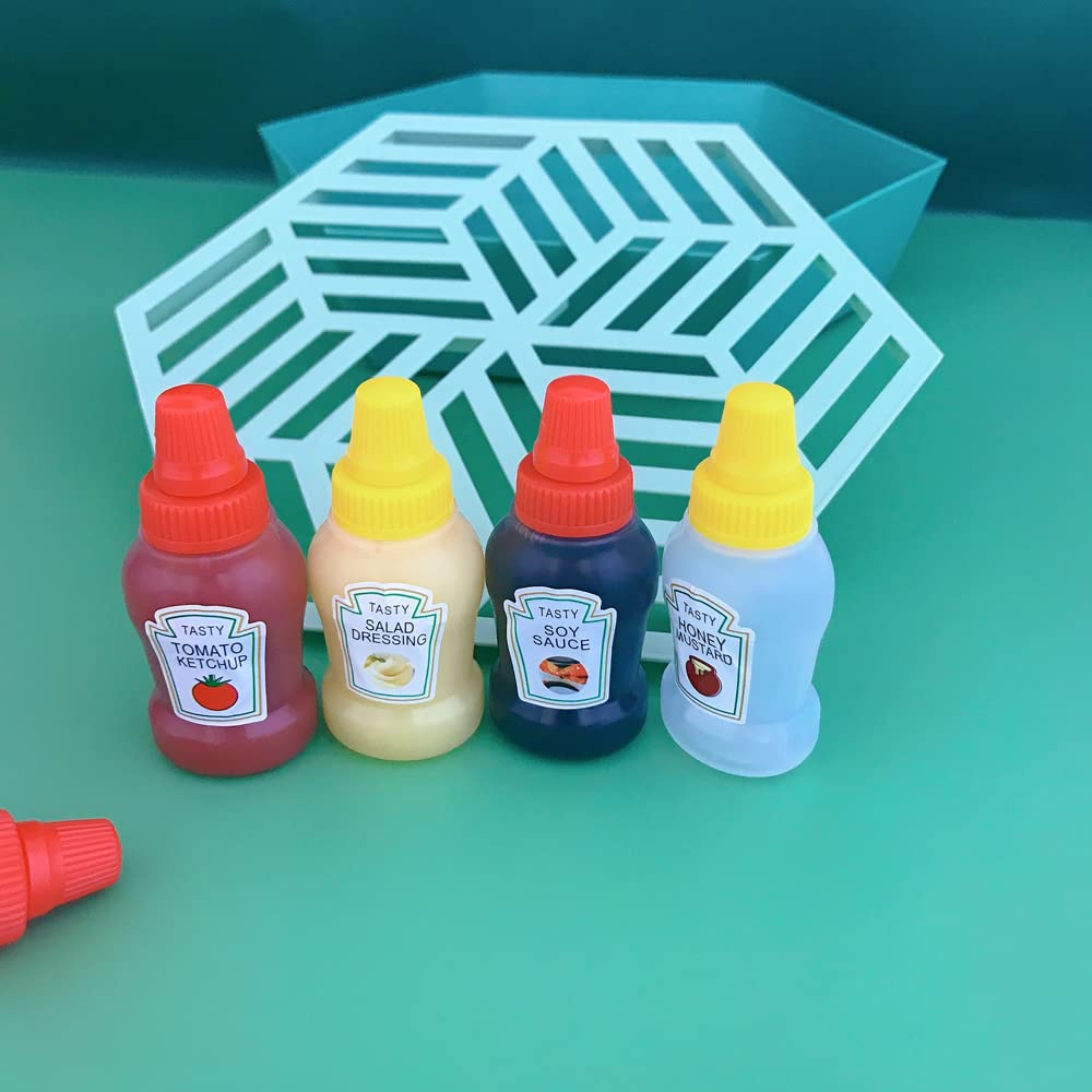 ZAYOIZY 4pcs Mini Condiment Squeeze Bottles 25ml Honey/Ketchup/Soy Sauce/Salad Dressing Dispensers Squeezable Jars Containers Plastic Portable Lunchbox with Sturdy Screw Cap