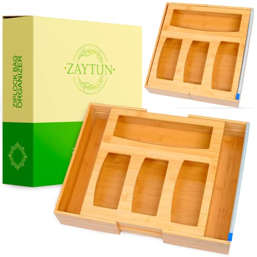 Zaytun Drawer Organizer for Ziplock Bags and Foil | Expandable & Englrarged 6-IN-1 Zip Lock Bag Organizer For Drawer & Foil And Plastic Wrap Dispenser With Cutter for Kitchen Organization and Storage
