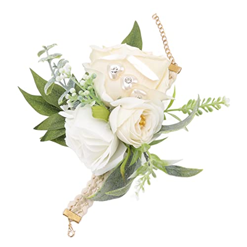 Wrist Corsage Wristlet Band Bracelet for Wedding Bride Wrist Flower Artificial Flower Decorative White Roses and Green Leaves for Wedding Party