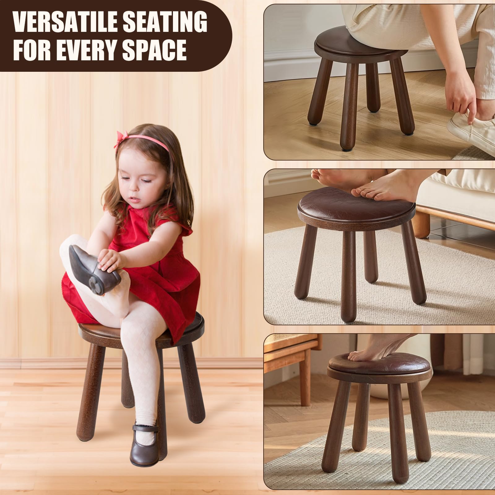 Small Round Wood Step Stool β 2 Pack 10" Wooden Foot Stools with Soft Faux Leather Top, Rustic Small Wood Step Stool for Kids & Adults