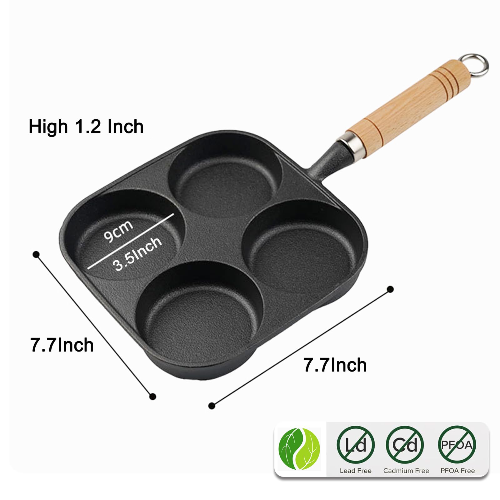 JUSTUP Nonstick Frying Pan,4-Cup Cast Iron Egg Pan Divided Grill Pan with Wooden Handle,Breakfast Skillet Omelet Pan for Egg,Steak and Burgers (Black)